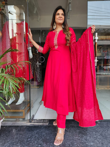 RUKSAAR RED HAND EMBROIDERED ANARKALI SUIT