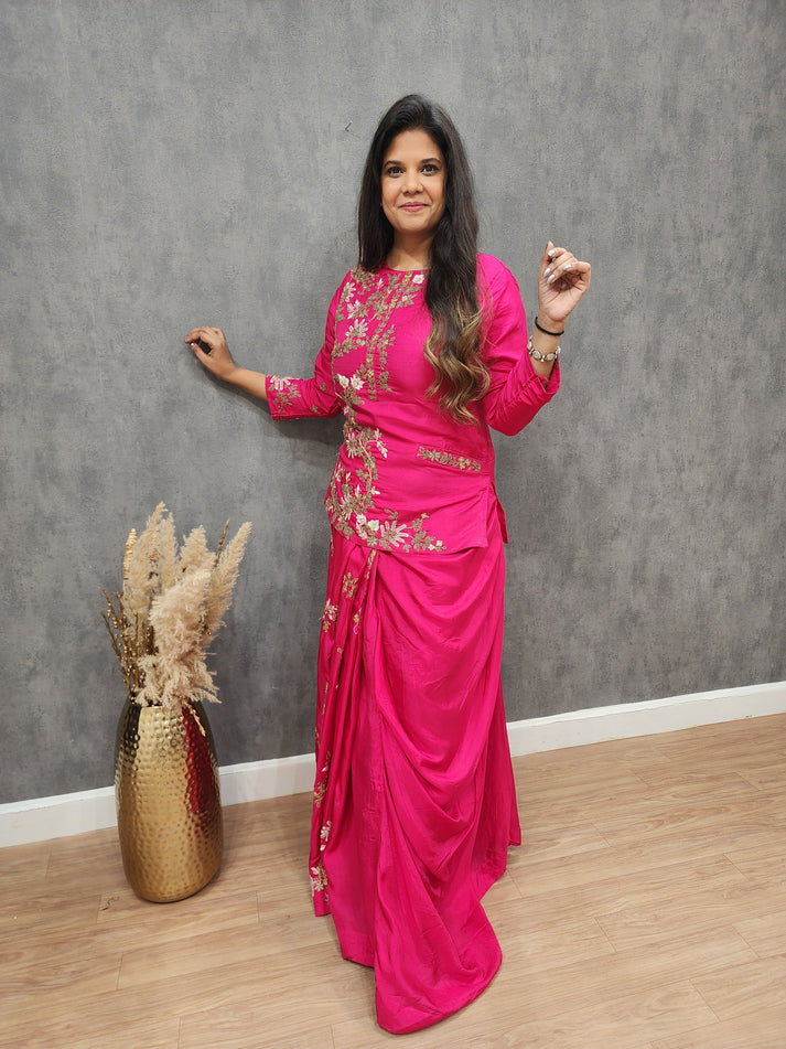 Saadgi long blouse cowl drape skirt dress – MODERNSAHIBA