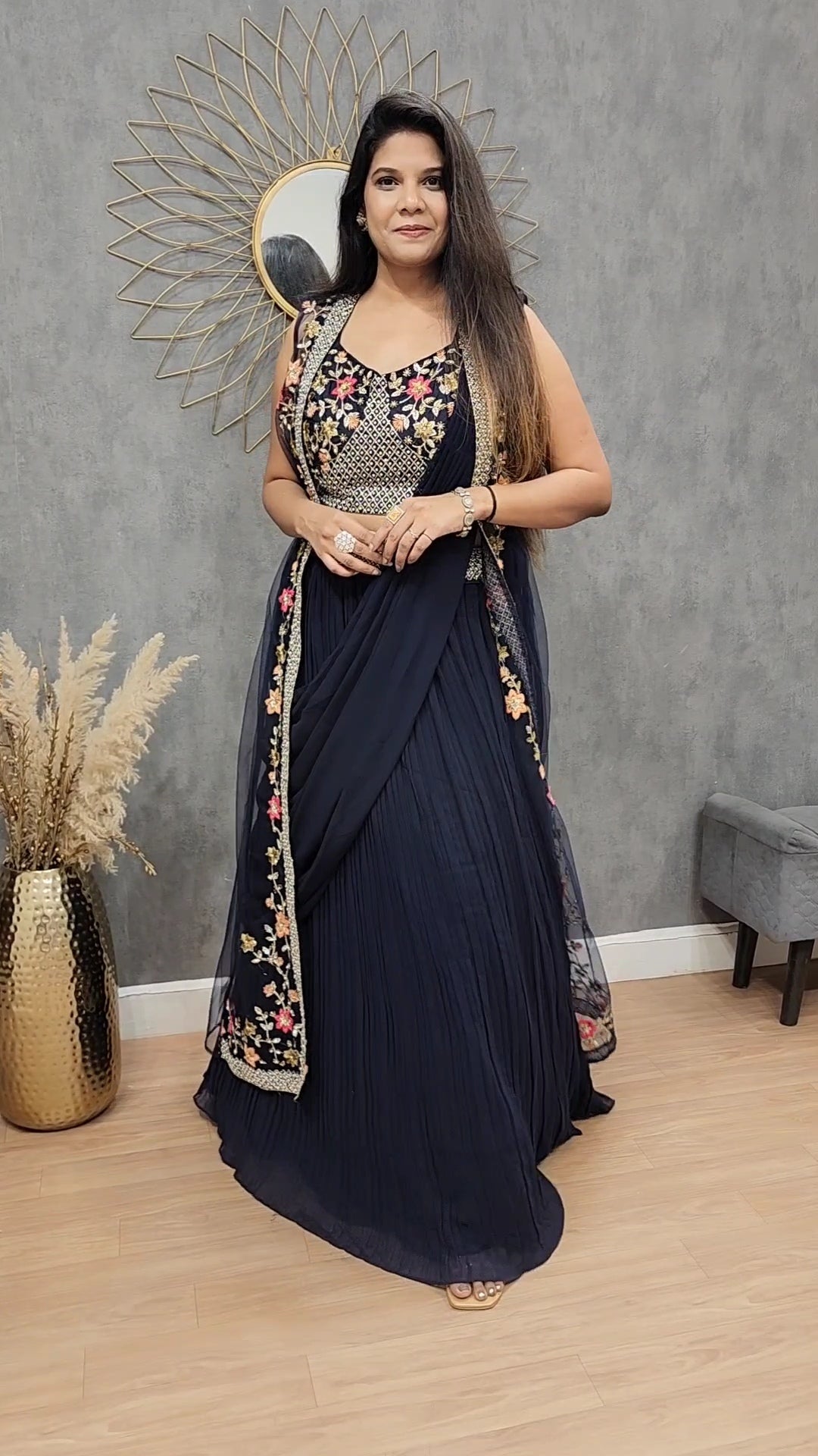 Simran navy blue 3pc indowestern drape saree – MODERNSAHIBA